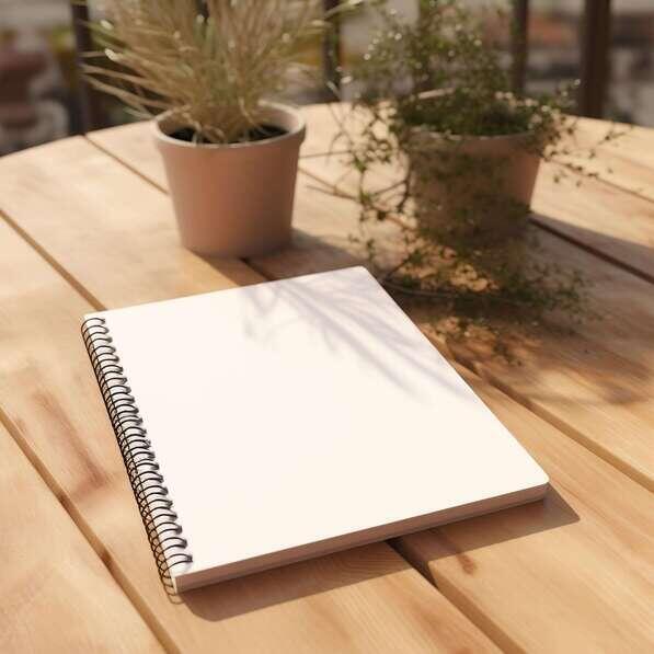 Download Empty Notebook and Potted Plants on Wooden Table Mockups ...