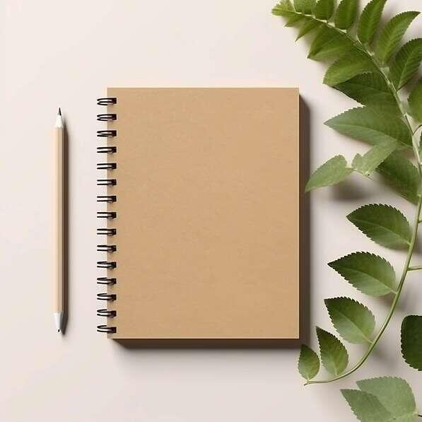 Download Recycled Brown Notebook with Pen and Leaves on Off-White ...