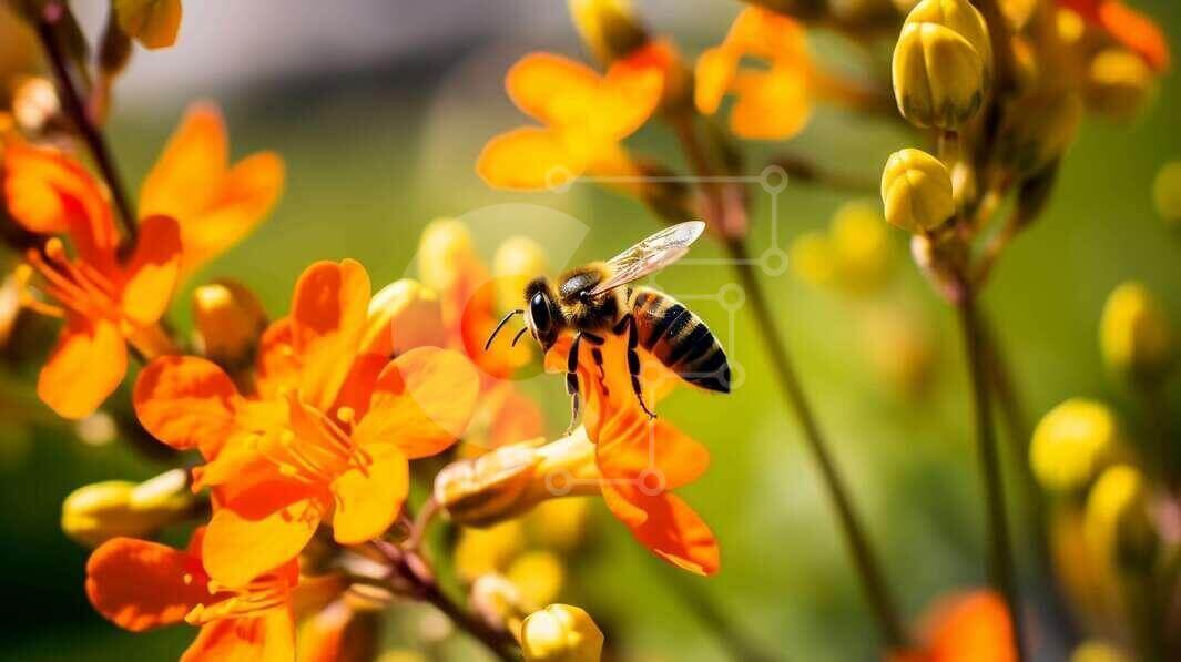 Bee Pollinating Orange Flower in Natural Environment stock photo ...