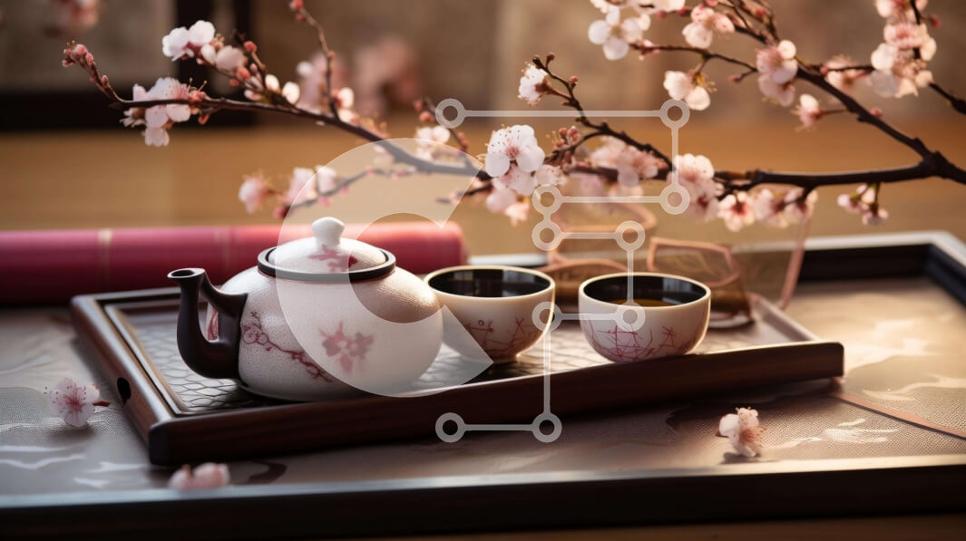 Idyllic Tea Drinking Scene with Cherry Blossom Trees stock photo ...