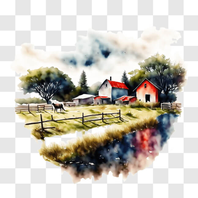 Download Idyllic Farm Scene Watercolor Painting with Horses, Barns, and ...