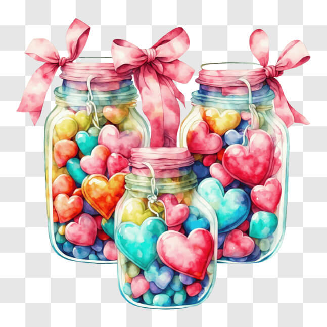 Download Colorful Candy Hearts in Mason Jars with Pink Bows PNGs Online ...