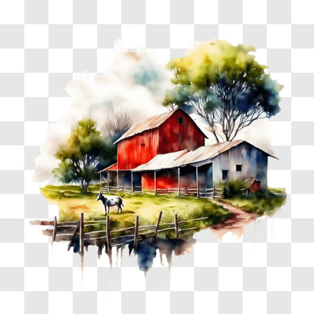 Download Idyllic Farm Scene with Red Barns and Grazing Horses PNGs ...