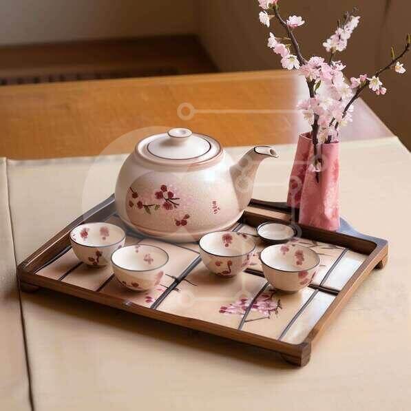 Elegant Tea Set with Pink Flowers and White Vase stock photo | Creative ...