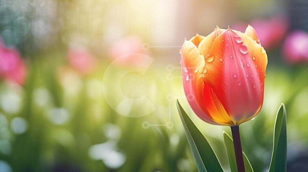 Vibrant Tulip Flower with Water Droplets in Lush Green Field stock photo | Creative Fabrica