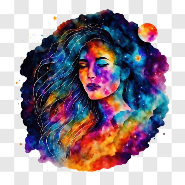 Baixe Pintura em Aquarela do Rosto de uma Mulher com Estrelas e Planetas PNGs - Creative Fabrica