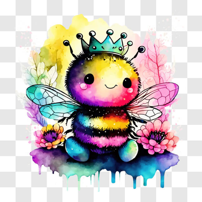 Download Colorful Bee Queen Art Print with Crown and Flowers PNGs ...