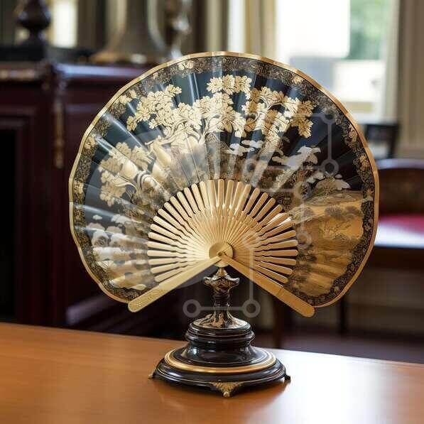 Elegant Black and Gold Fan on Antique Table stock photo | Creative Fabrica