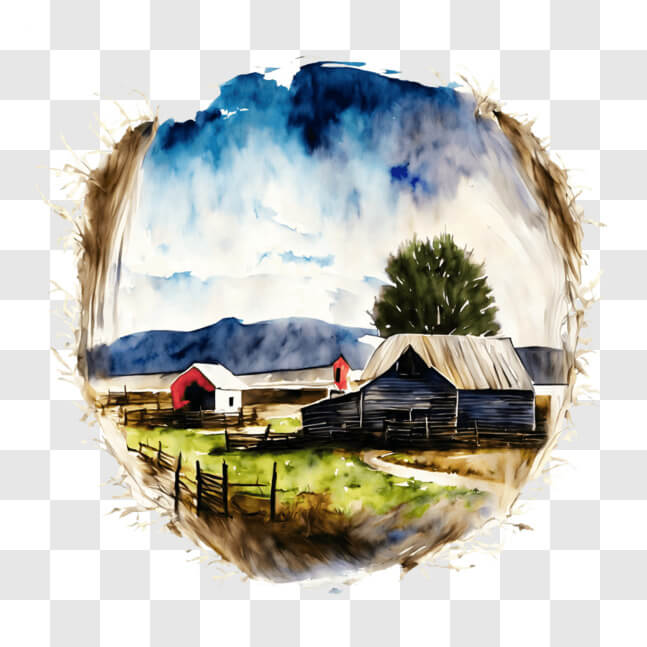 Download Idyllic Farm Scene with Wooden Barns and Countryside PNGs ...