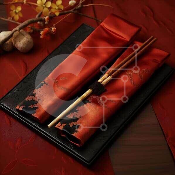 Vibrant Oriental Dining Setting with Chopsticks and Red Napkins stock ...