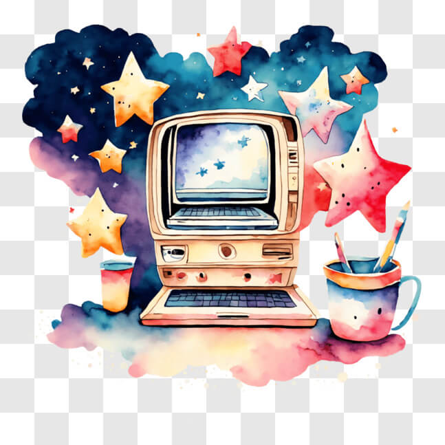 Download Watercolor Painting of Old-School Computer with Stars and Cups ...