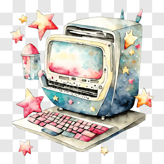 Download Vintage Computer Watercolor Painting with Stars PNGs Online ...