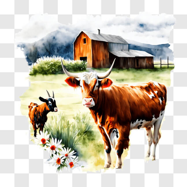 Download Two Cows in a Grassy Field with Daisies and a Barn PNGs Online ...