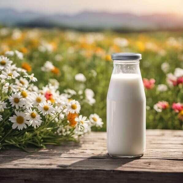 Download Glass Bottle of Milk on Outdoor Wooden Table with Flowers ...