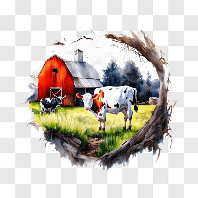 Download Two Cows Grazing Near a Red Barn PNGs Online - Creative Fabrica