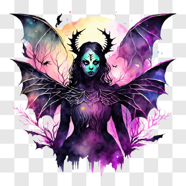 Download Female Demon with Wings and Bats in Front of Full Moon Art ...