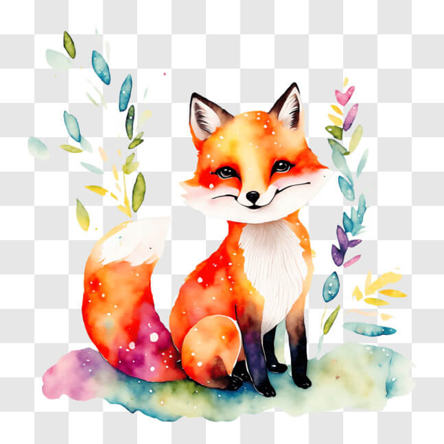 Download Colorful Fox Sitting Among Flowers and Leaves PNGs Online ...