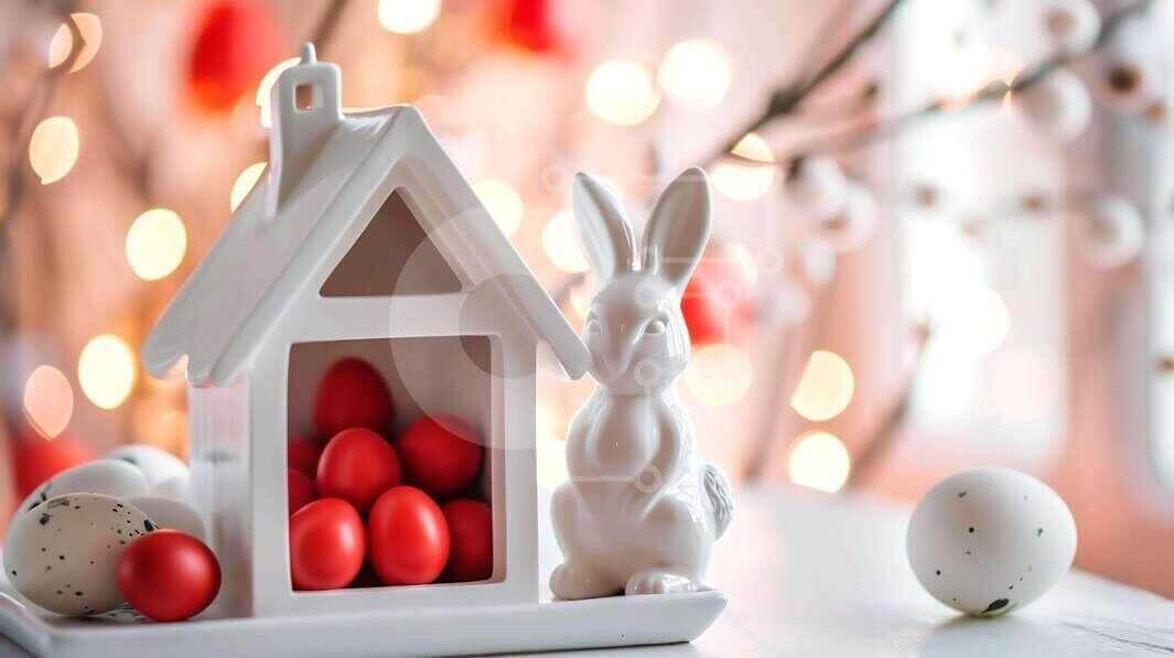 Easter Table Decor with Bunny Figurines and Eggs stock photo | Creative ...