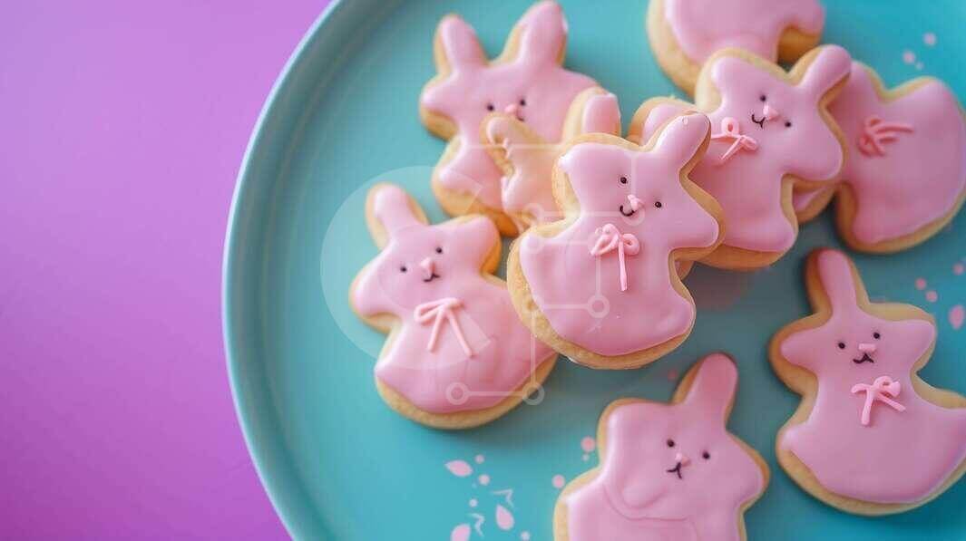 Adorable Pink Bunny-Shaped Cookies on a Blue Plate stock photo ...