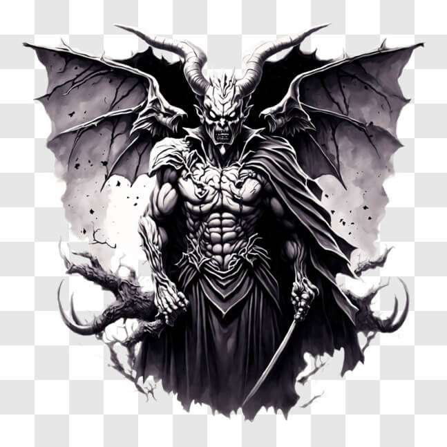Download Black and White Demon with Wings and Horns Holding Axe and ...