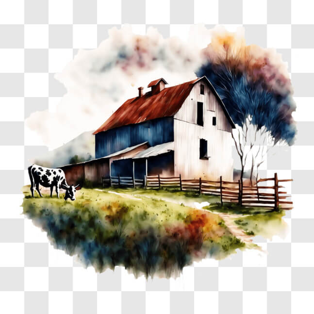 Download Watercolor Painting of Rustic Farm Scene with Cows PNGs Online ...