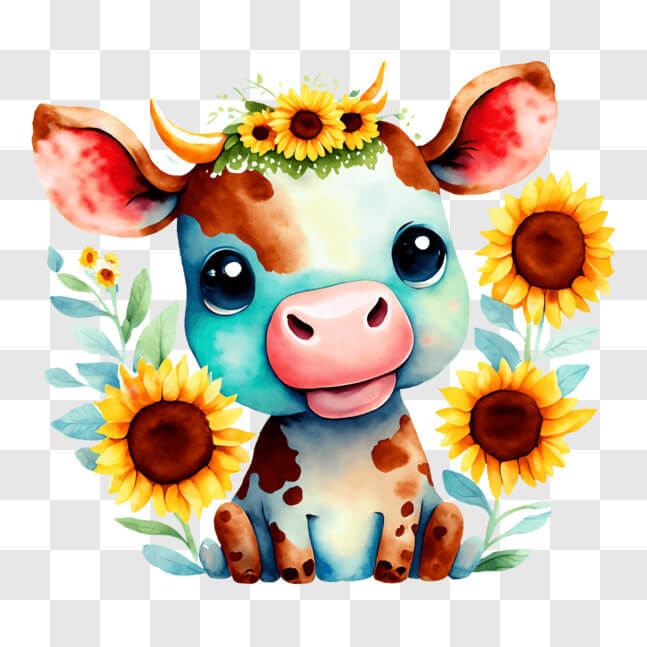 Download Cute Cow in Sunflower Field with Colorful Flowers PNGs Online ...