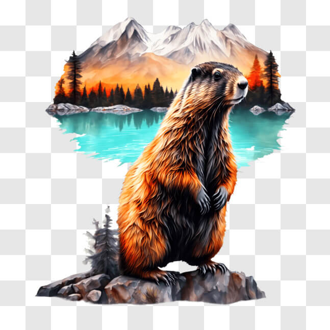 Download Marmot Standing in Front of Lake and Mountains PNGs Online ...