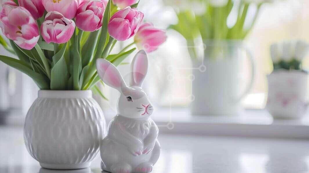 Adorable White Bunny Rabbit with Pink Tulip Vases and Flowers stock ...