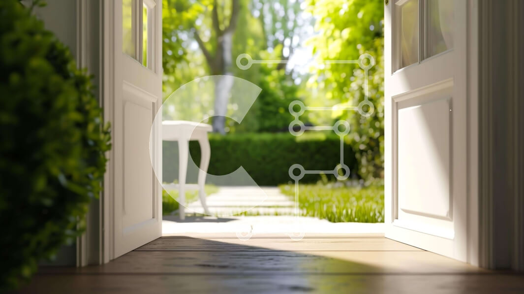 Download Open door leading to garden with trees and plants Stockphotos ...