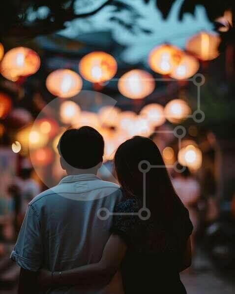 Romantic Couple Walking Through Alleyway at Night stock photo ...