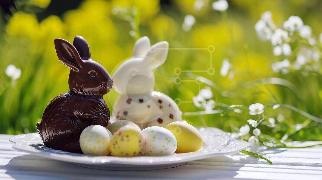 Festive Easter Chocolate Bunnies and Eggs stock photo | Creative Fabrica