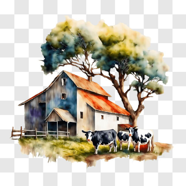Download Rural Farm Scene with Cows and Trees PNGs Online - Creative ...