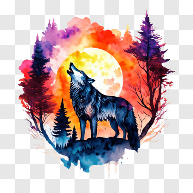 Download Colorful Wolf Howling at the Moon Painting PNGs Online ...
