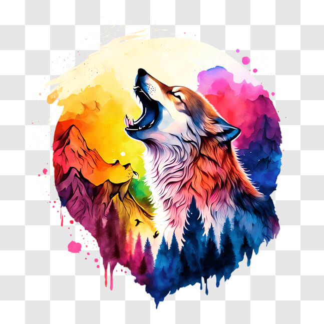 Download Colorful Wolf Howling at the Moon Painting PNGs Online ...