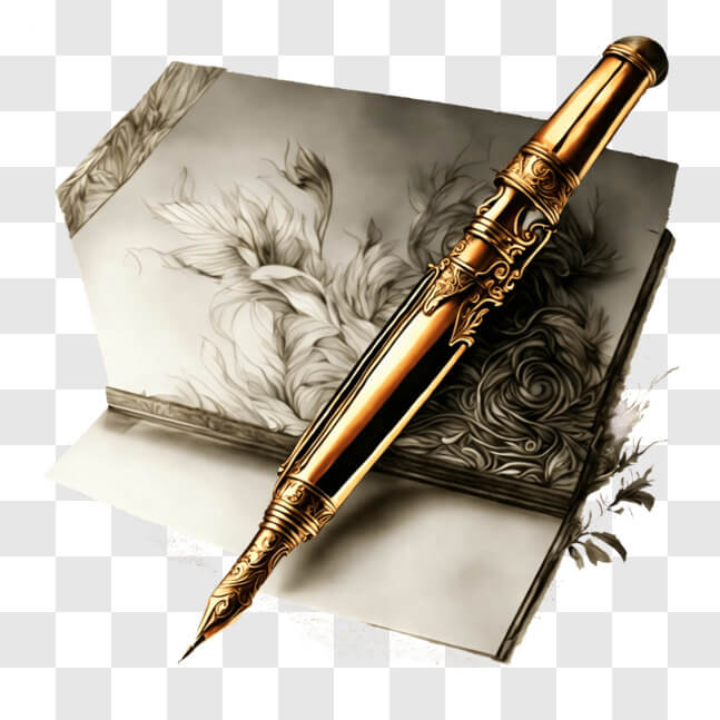 Download Gold Fountain Pen on Open Book with Floral Patterns PNGs ...