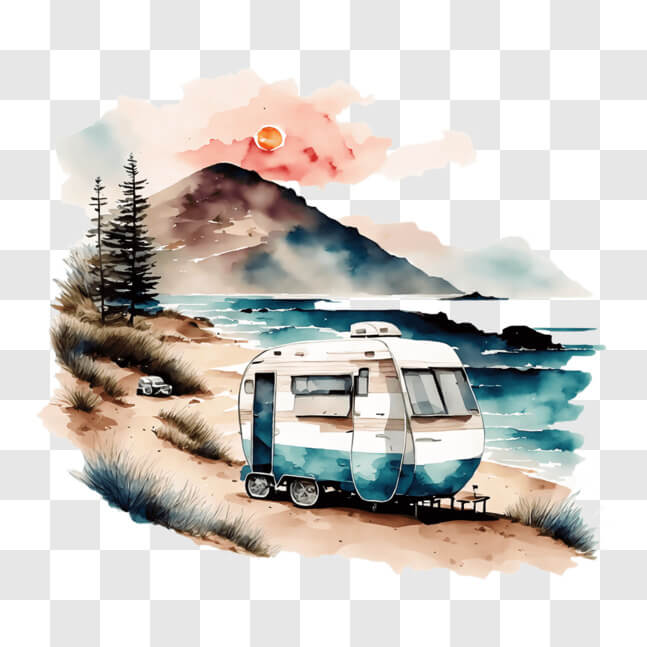 Download Camper Trailer on Beach with Trees and Mountains PNGs Online ...