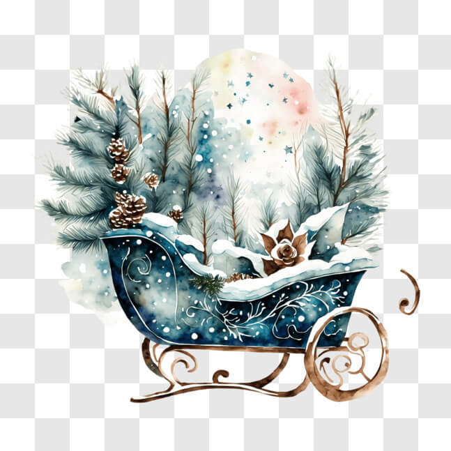 Download Winter and Christmas themed blue sleigh with pine trees and ...