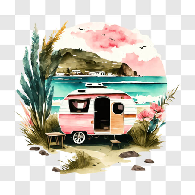 Download Pink Camper Trailer on Beach with Plants and Flowers PNGs ...