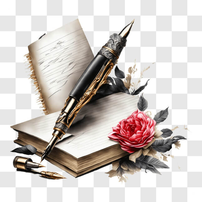 Download Open Book and Writing Implements with Rose PNGs Online ...