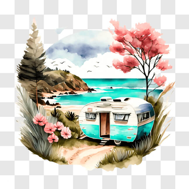 Download Camper Trailer Near Beach with Blooming Flowers PNGs Online ...