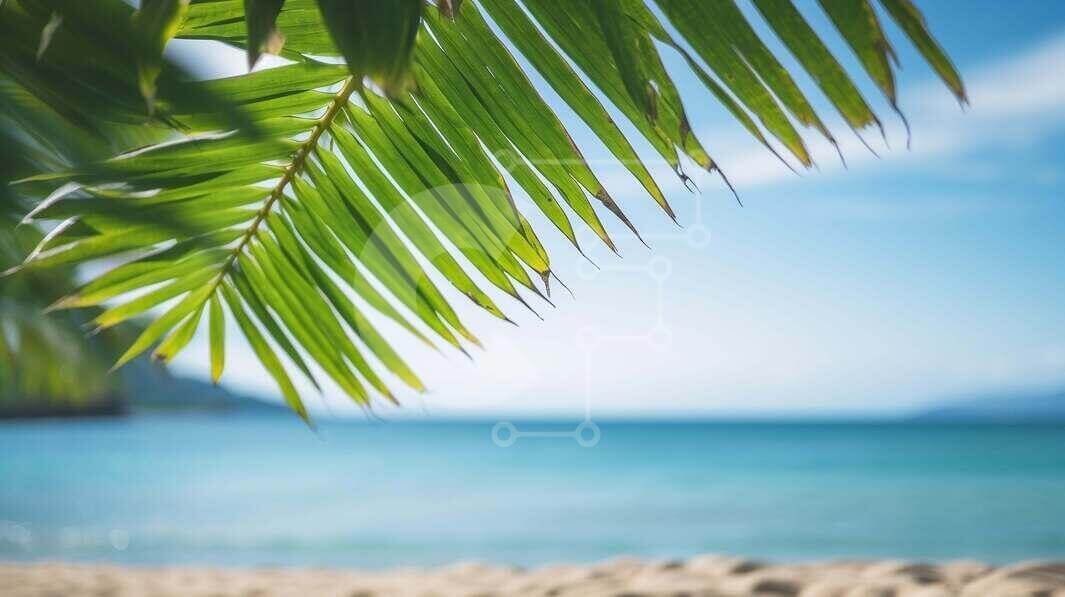 Tranquil Beach Scene with Palm Leaf stock photo | Creative Fabrica