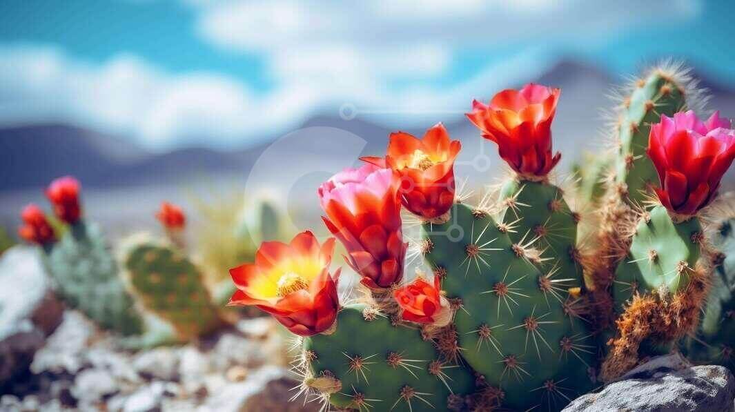 Beautiful Desert Cactus Plants in Full Bloom stock photo | Creative Fabrica