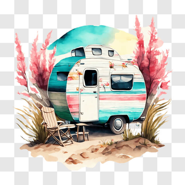 Download Colorful Camper Trailer in the Desert with Pink Flowers and ...