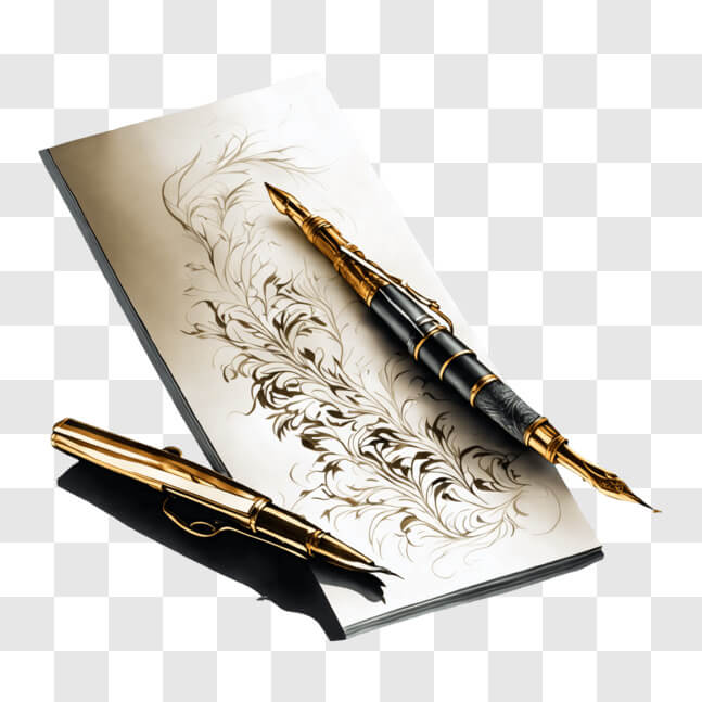Download Gold and Black Fountain Pens with Paper and Notepad PNGs ...