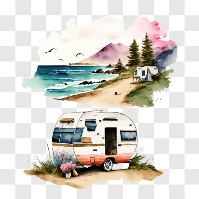 Download RV and Camper Illustrations on Beach with Nature Background ...