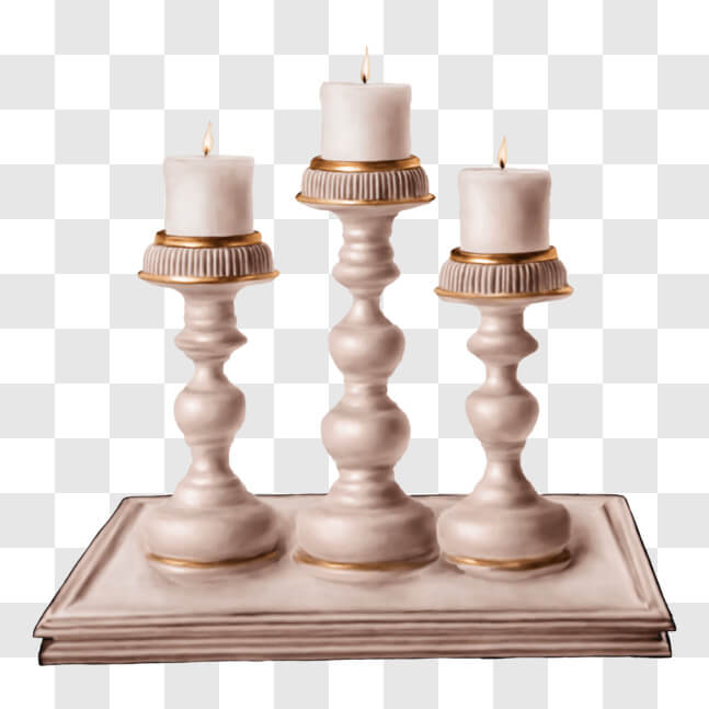 Download White Candlesticks with Gold Accents on Wooden Tray PNGs ...