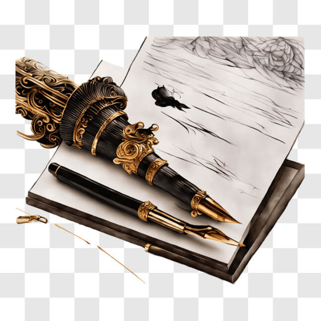 Download Black and Gold Fountain Pen with Open Book and Bird PNGs ...