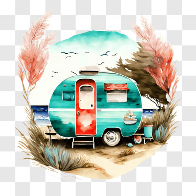 Download Colorful Camper Trailer on Beach with Ocean View PNGs Online ...