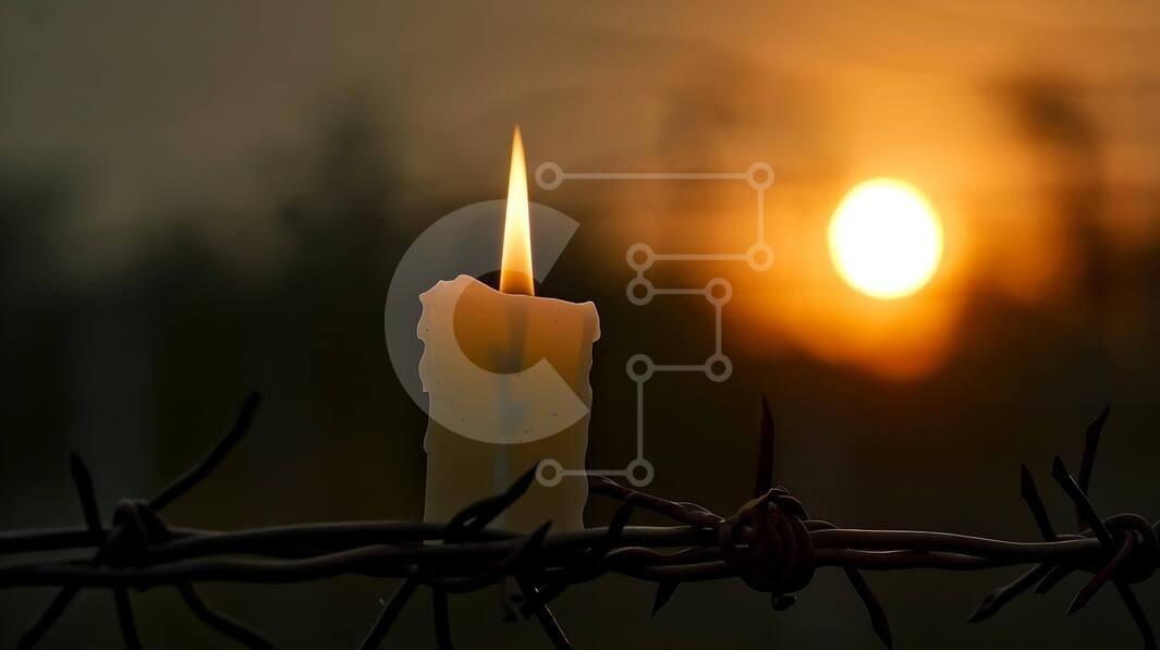 Single Candle on Barbed Wire at Sunset stock photo | Creative Fabrica