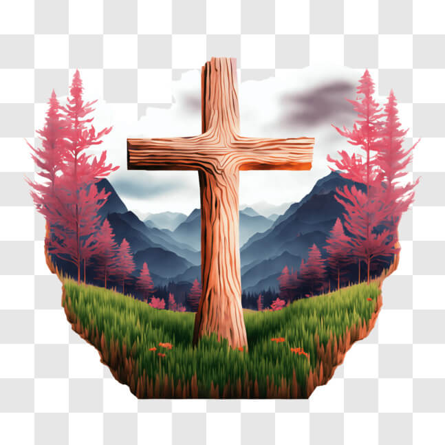Download Wooden Cross in Idyllic Landscape with Mountains and Trees ...